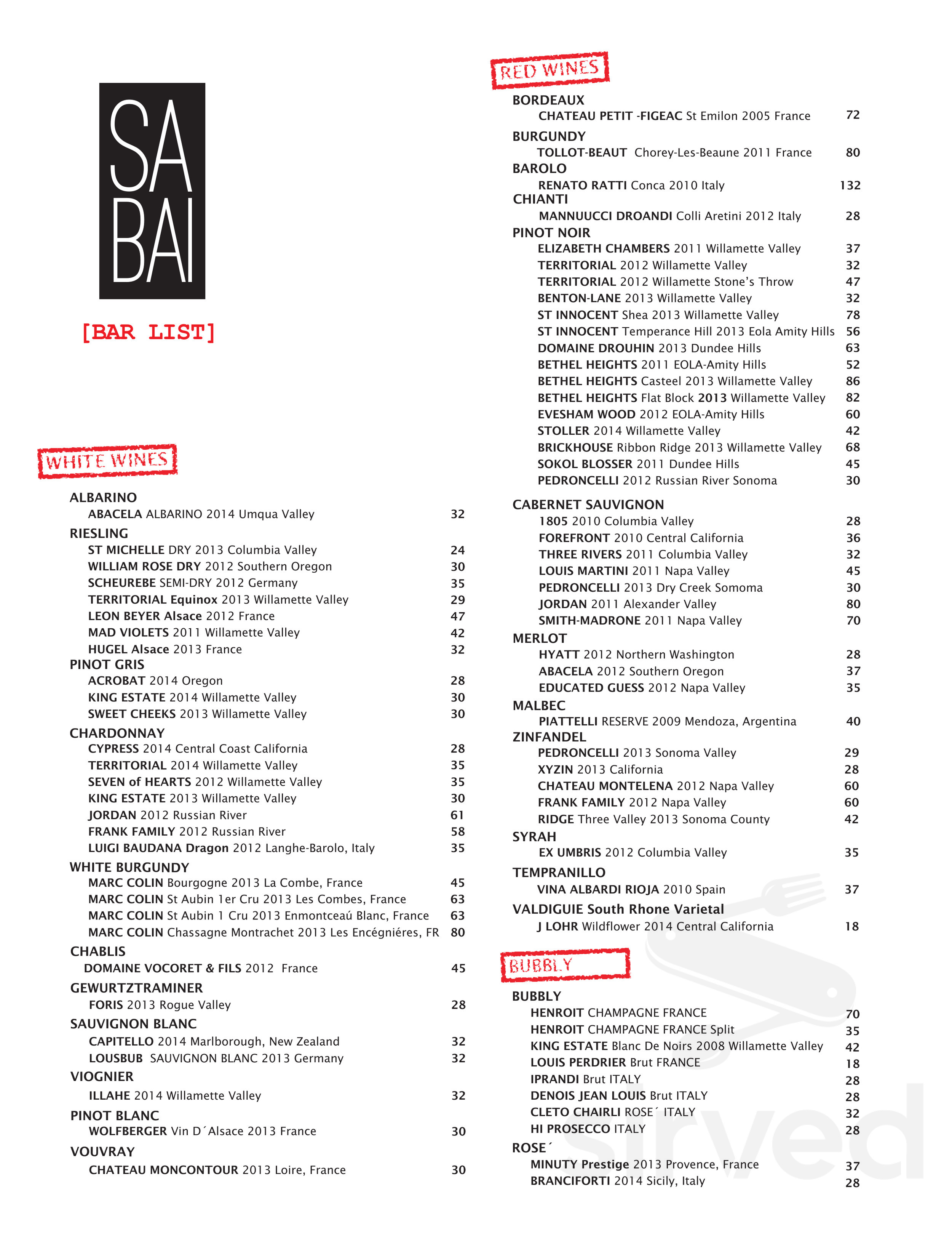 Menu - Eugene OR's Sabai Cafe & Bar | Sirved