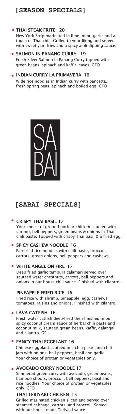 Sabai Cafe & Bar menu in Eugene, Oregon, USA