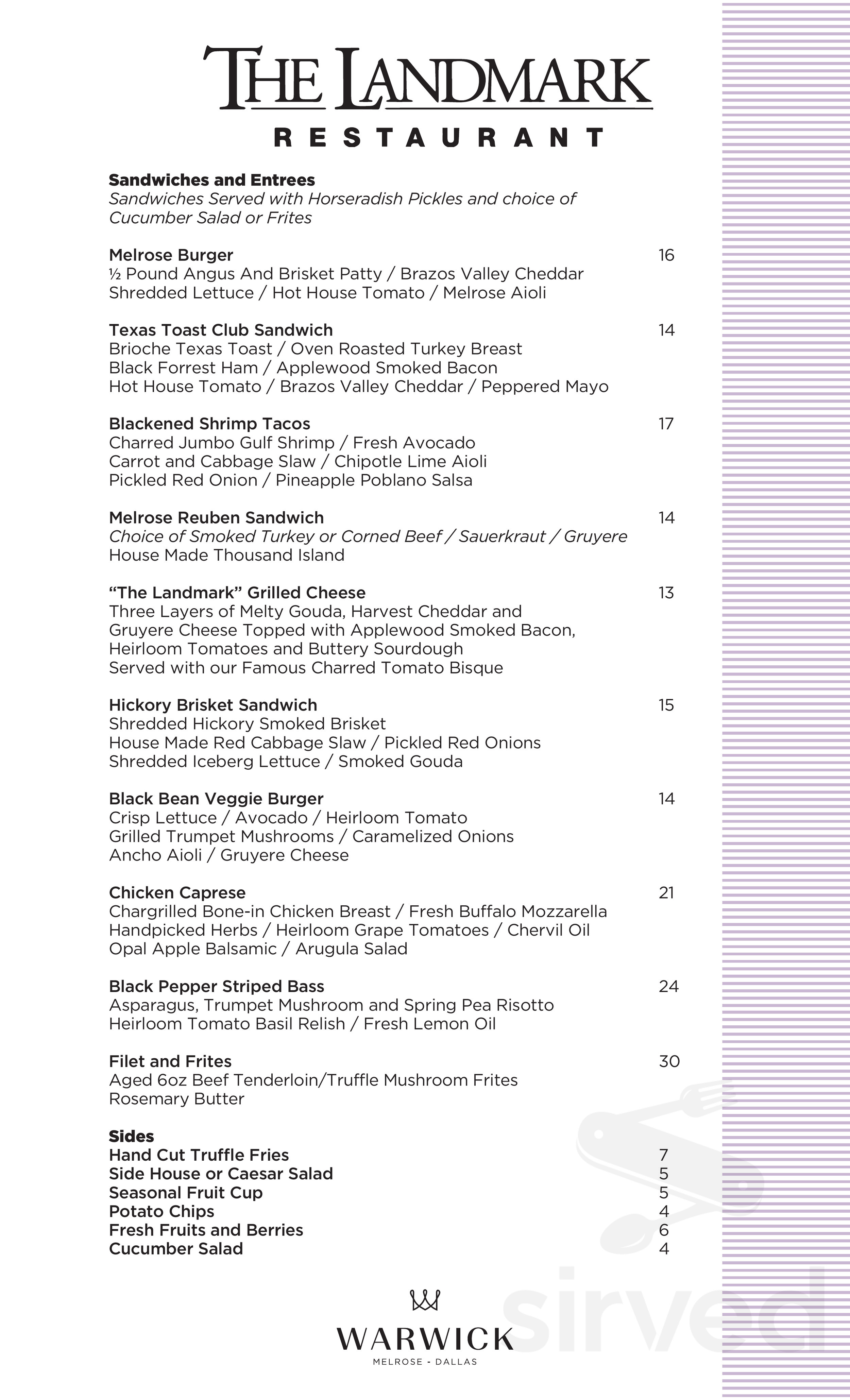 Menu - Dallas TX's The Landmark Restaurant | Sirved