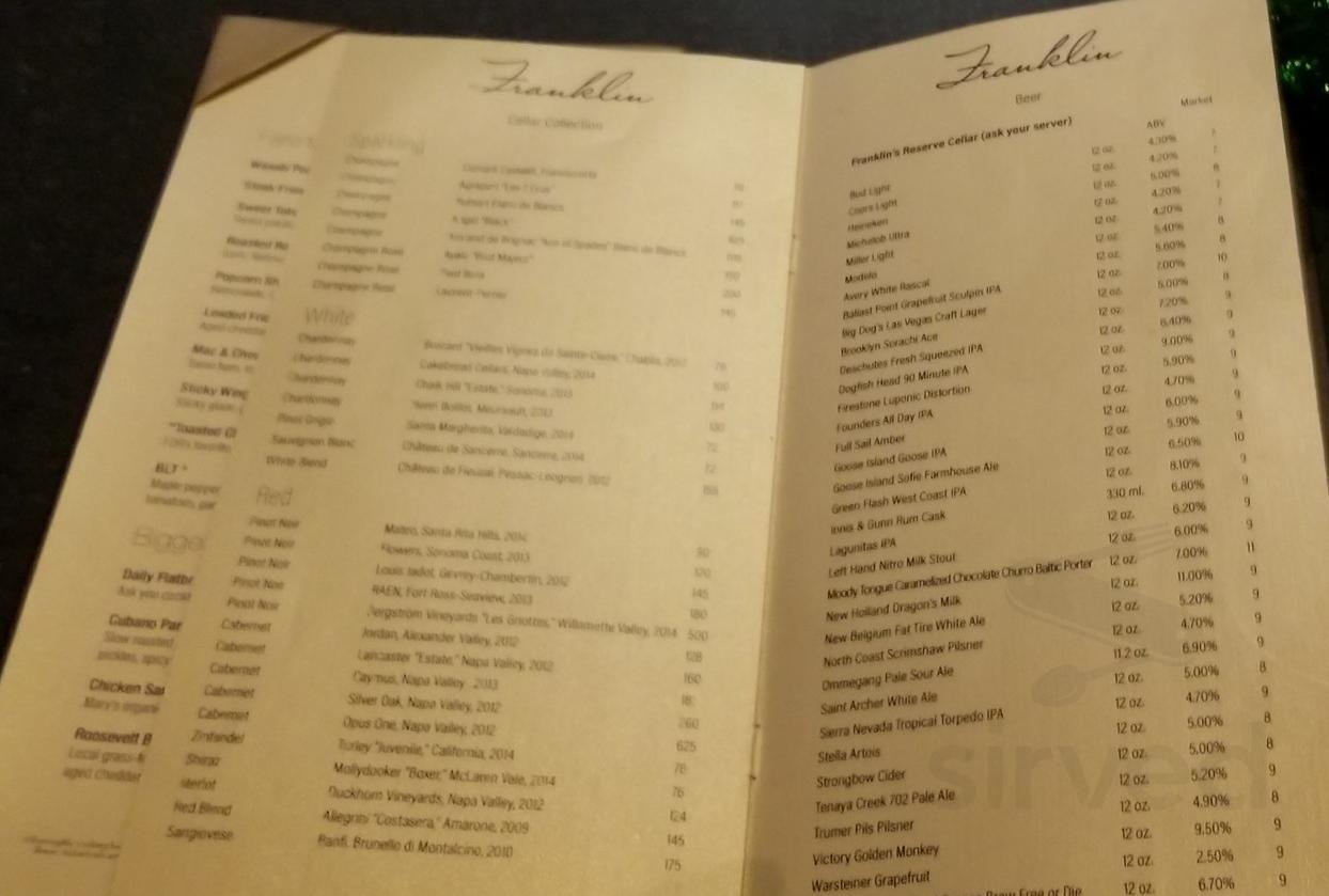Franklin menu in Las Vegas, Nevada, USA