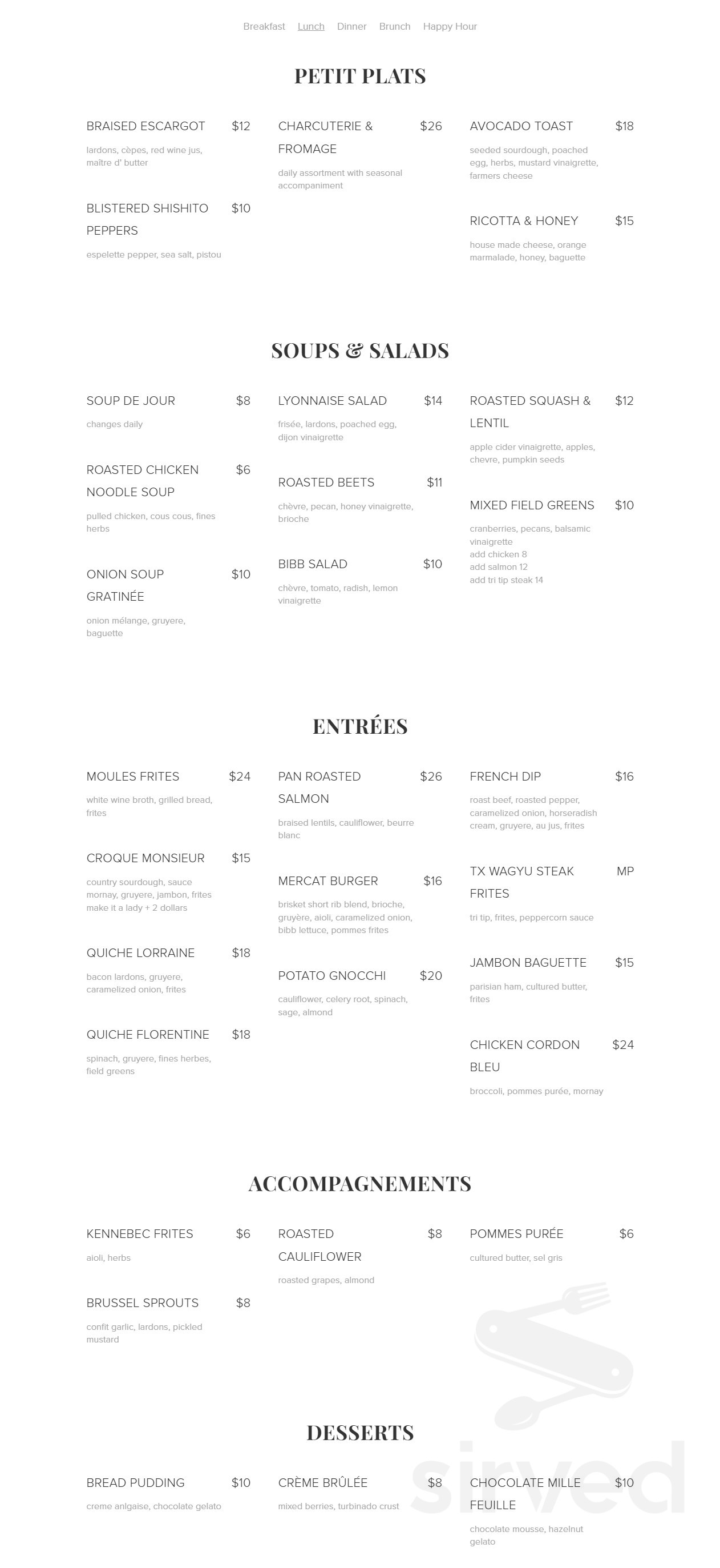 Menu for Mercat Bistro in Dallas, TX | Sirved