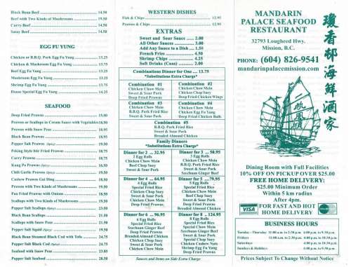 Mandarin Palace menu in Mission, British Columbia, Canada
