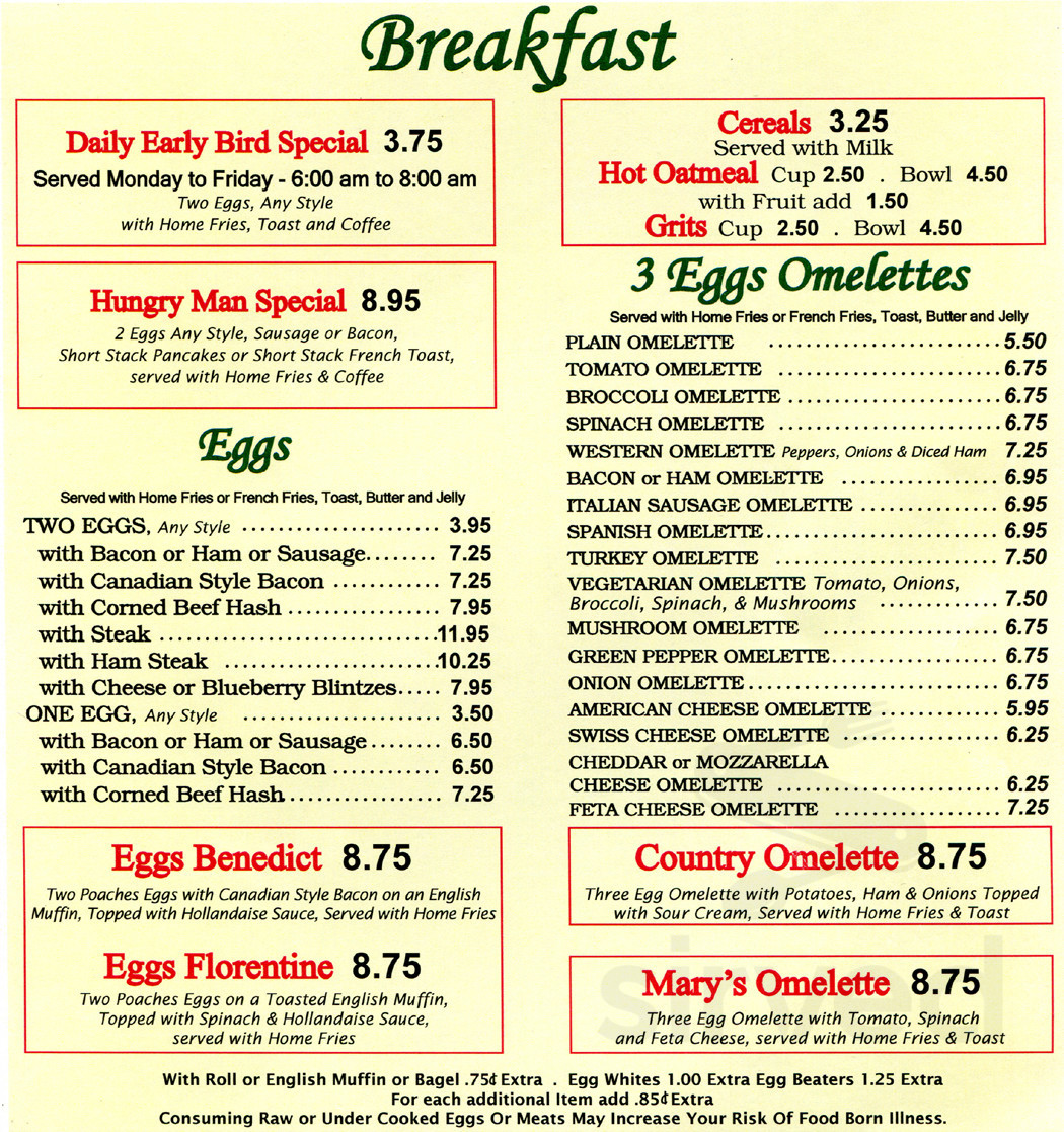Mary's Diner menu in Waterbury, Connecticut, USA