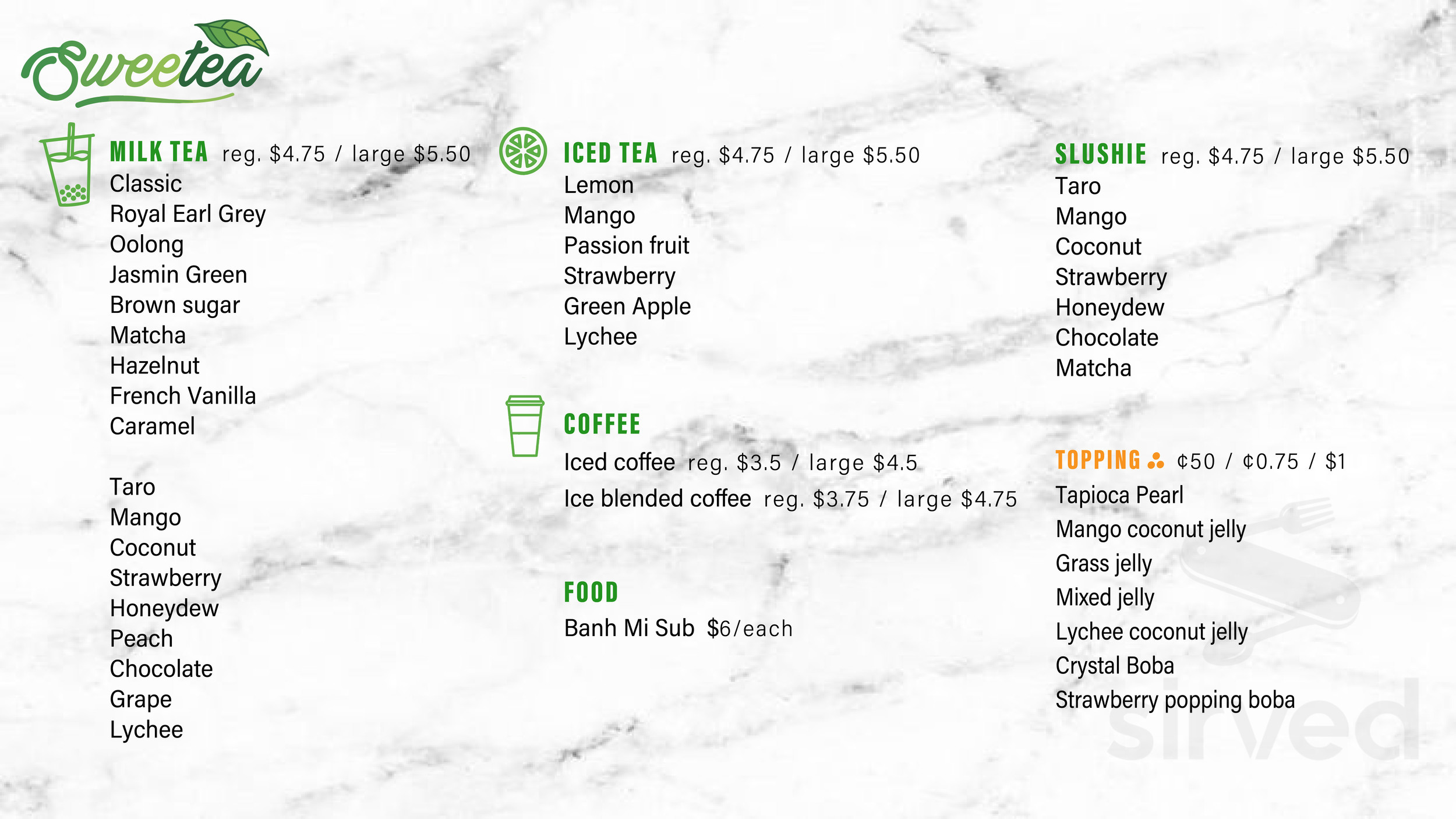 Sweetea menu in Guelph, Ontario, Canada