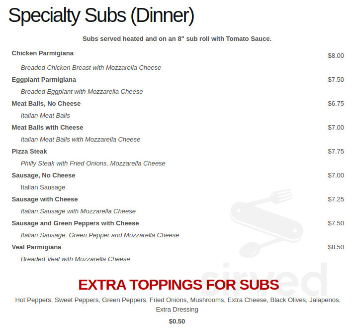 Tony's Italian Restaurant menu in Richmond, Virginia, USA