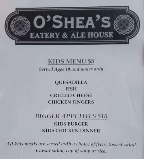 O'Shea's menu in Drumheller, Alberta, Canada