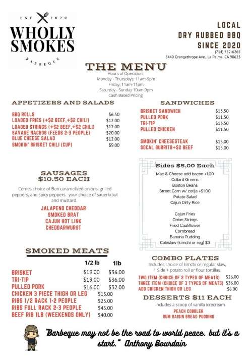 Wholly Smokes BBQ menu in La Palma, California, USA