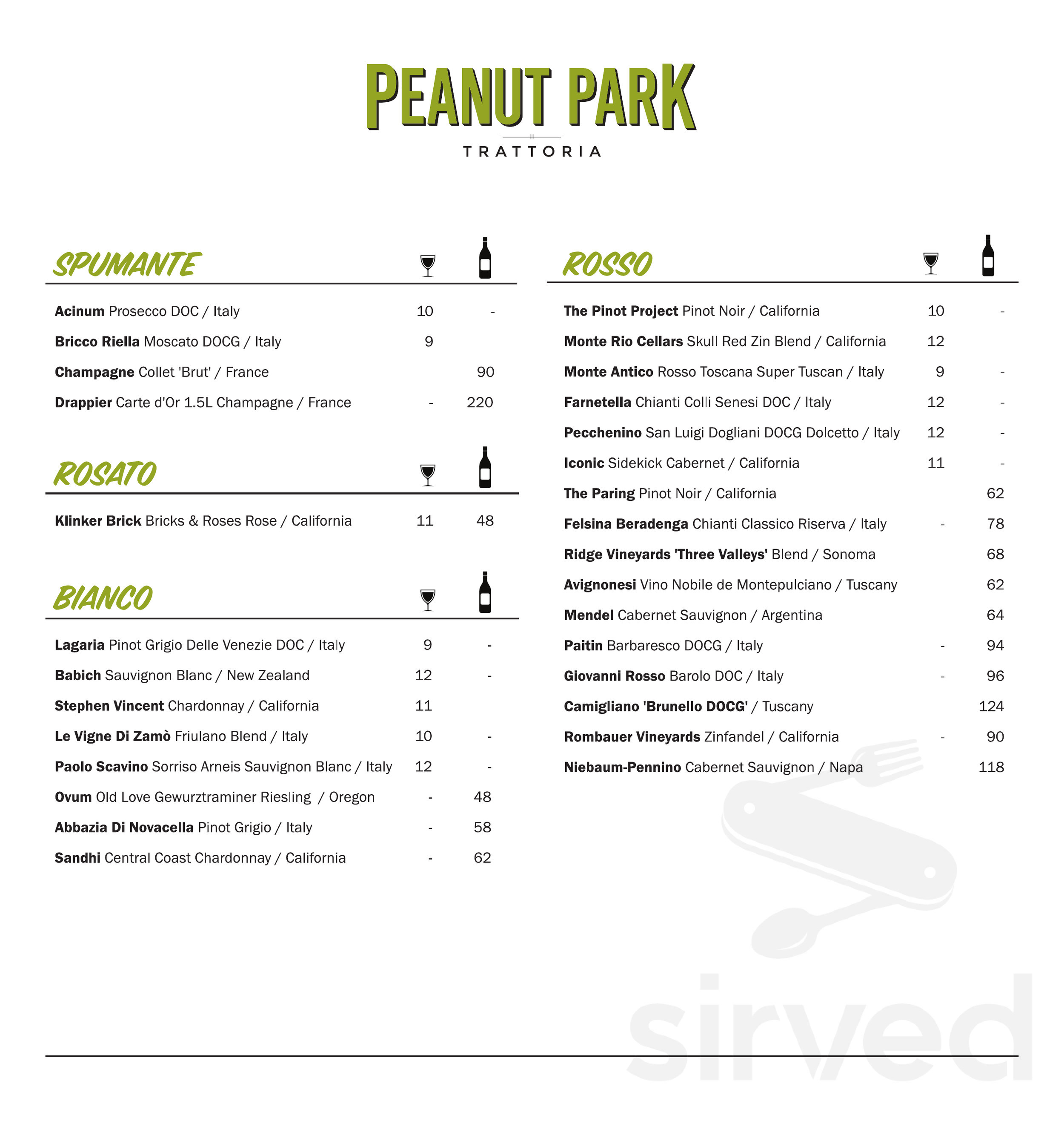 Peanut Park Trattoria menu in Chicago, Illinois, USA