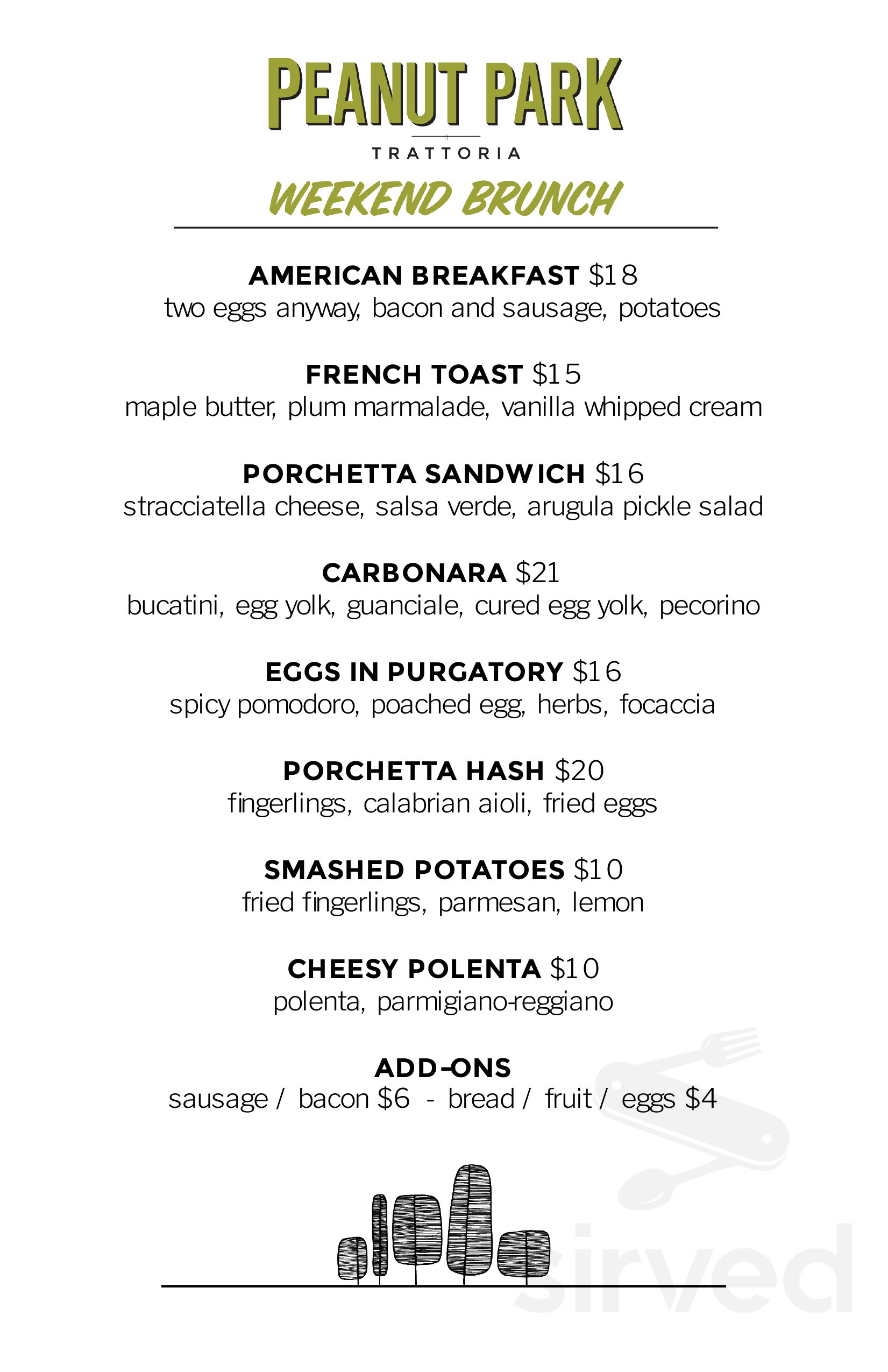 Peanut Park Trattoria menu in Chicago, Illinois, USA