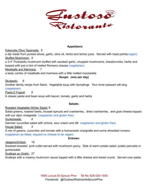 Gustoso Ristorante menu in Spruce Pine, North Carolina, USA