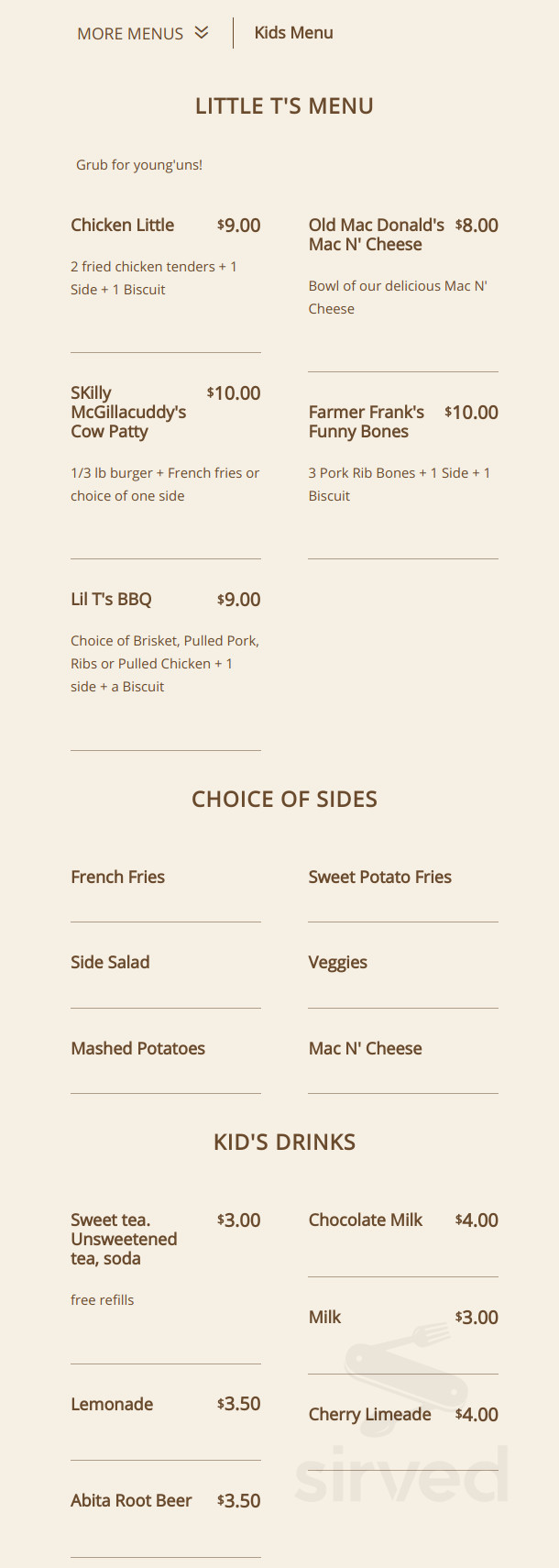 Sweet T's Restaurant + Bar menu in Windsor, California, USA