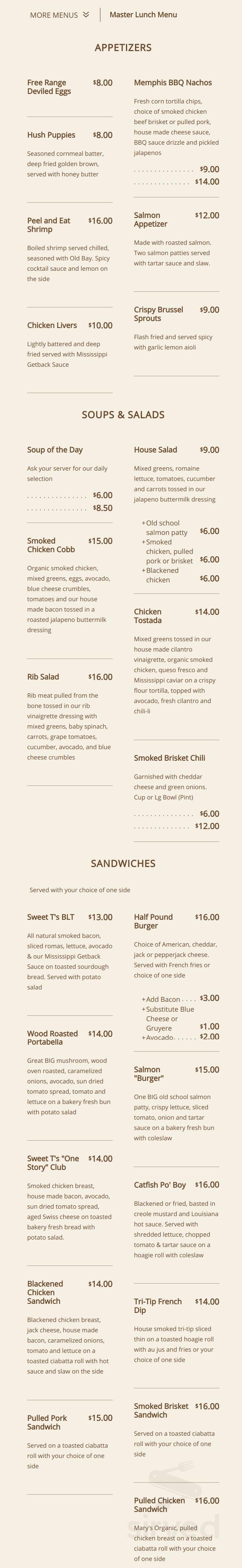 Sweet T's Restaurant + Bar menu in Windsor, California, USA