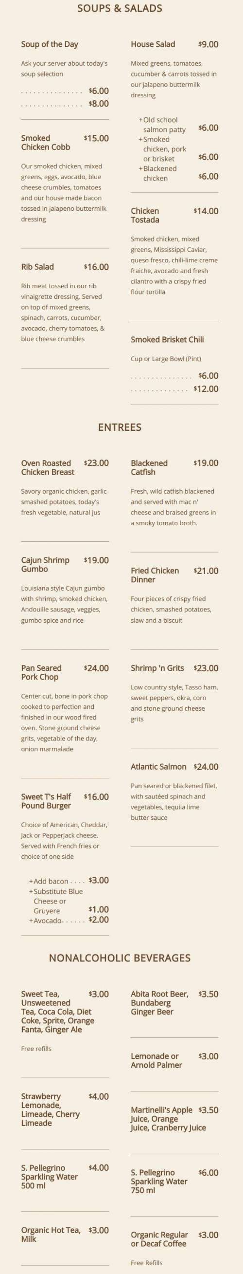 Sweet T's Restaurant + Bar menu in Windsor, California, USA