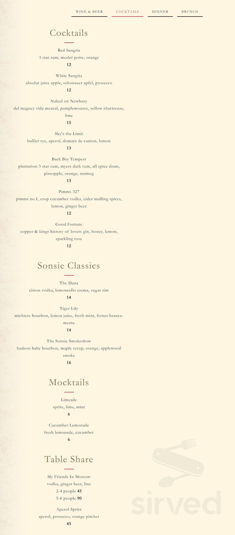 Sonsie menu in Boston, Massachusetts, USA
