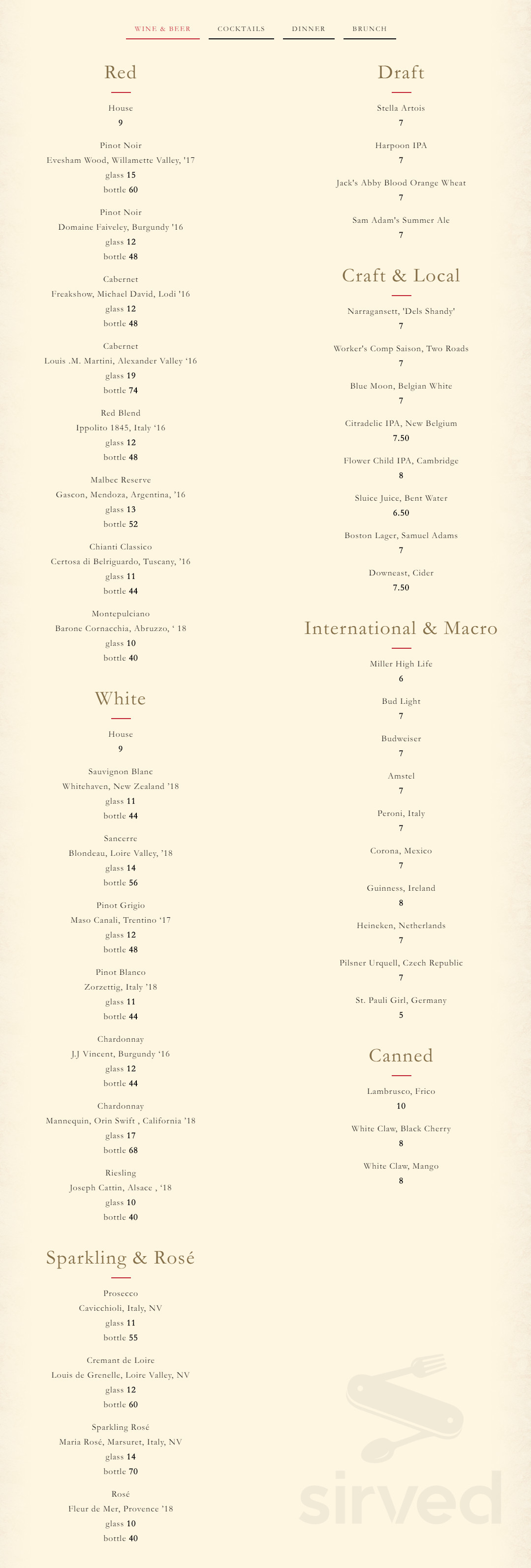 Sonsie menus in Boston, Massachusetts, United States