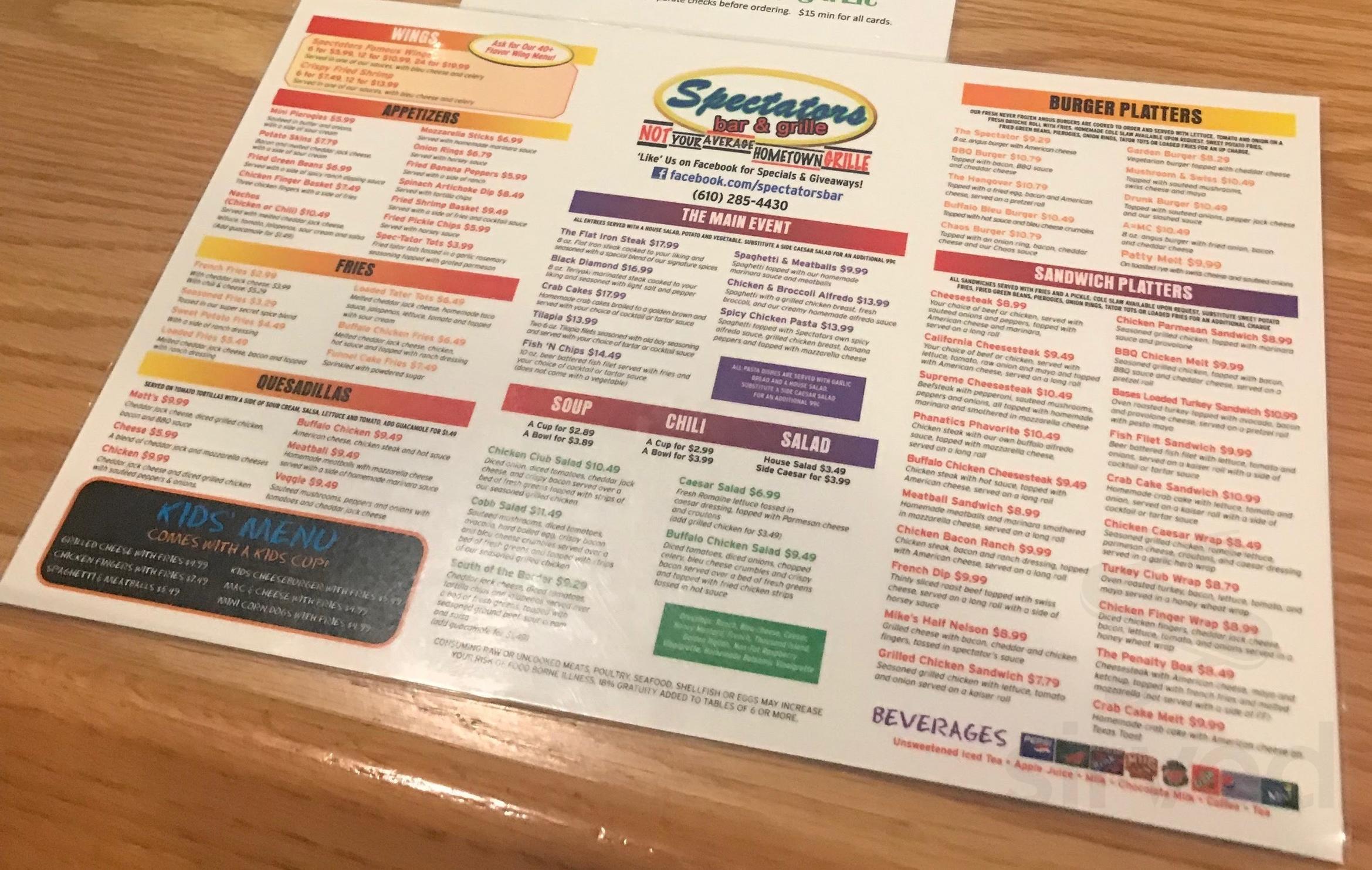 Spectators Bar & Grille menus in Kutztown, Pennsylvania, United States