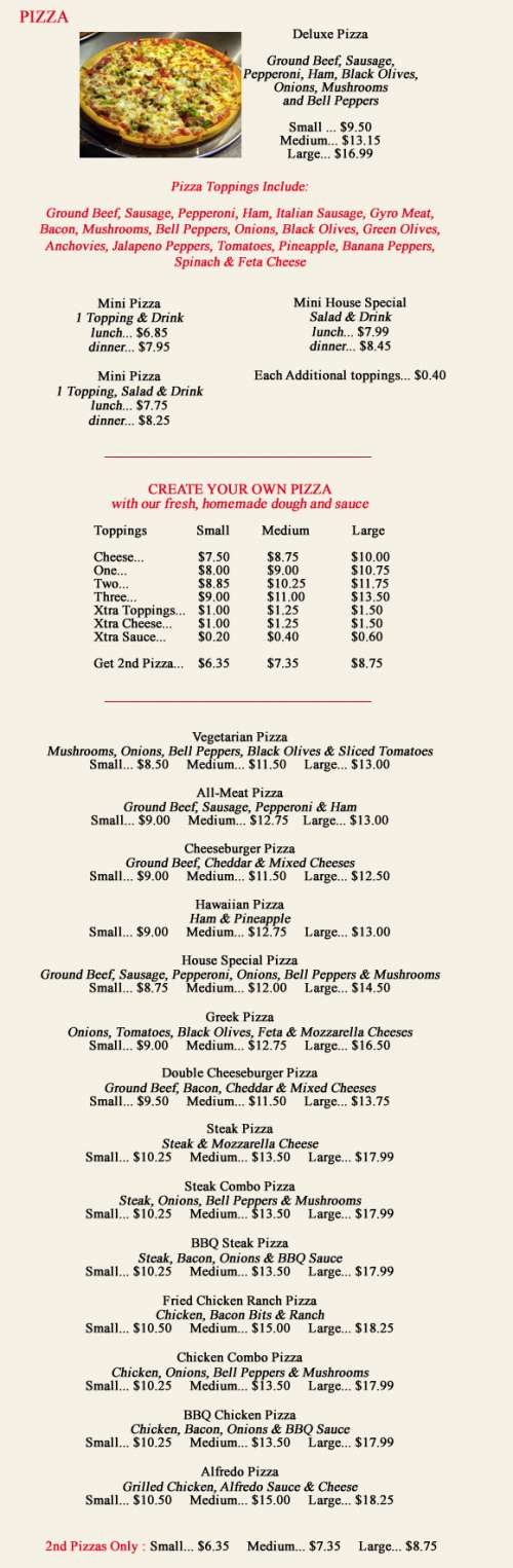 The Original House of Pizza menu in Gray Court, South Carolina, USA