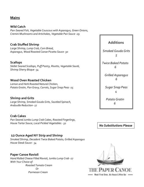 The Paper Canoe menu in Duck, North Carolina, USA