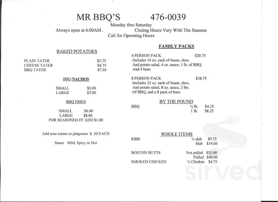 Mr BBQ menu in Covington, Tennessee, USA