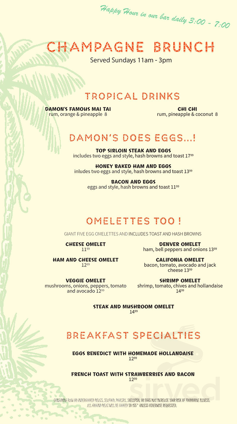 Damon's Steak House menu in Glendale, California, USA