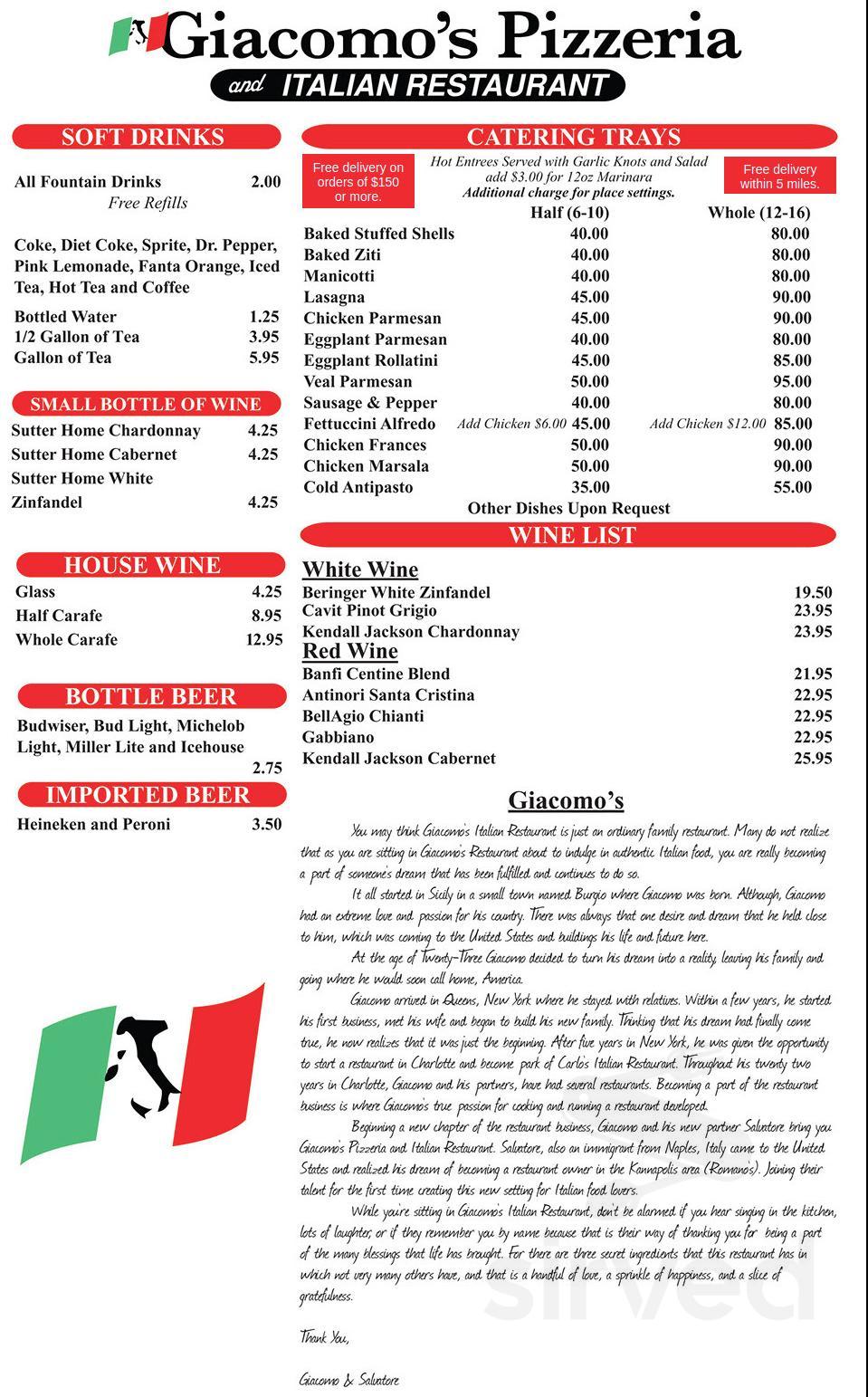Menu - Charlotte NC's Giacomo's Pizzeria & Italian Restaurant | Sirved