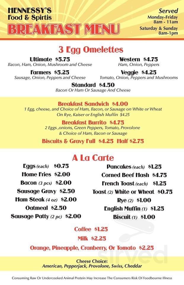 Hennessy's Bar & Grille Menu - Oldsmar, Florida | Sirved