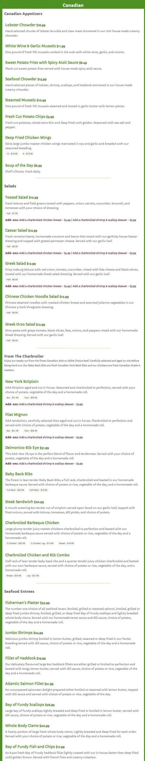 Diplomat Restaurant menu in Fredericton, New Brunswick, Canada