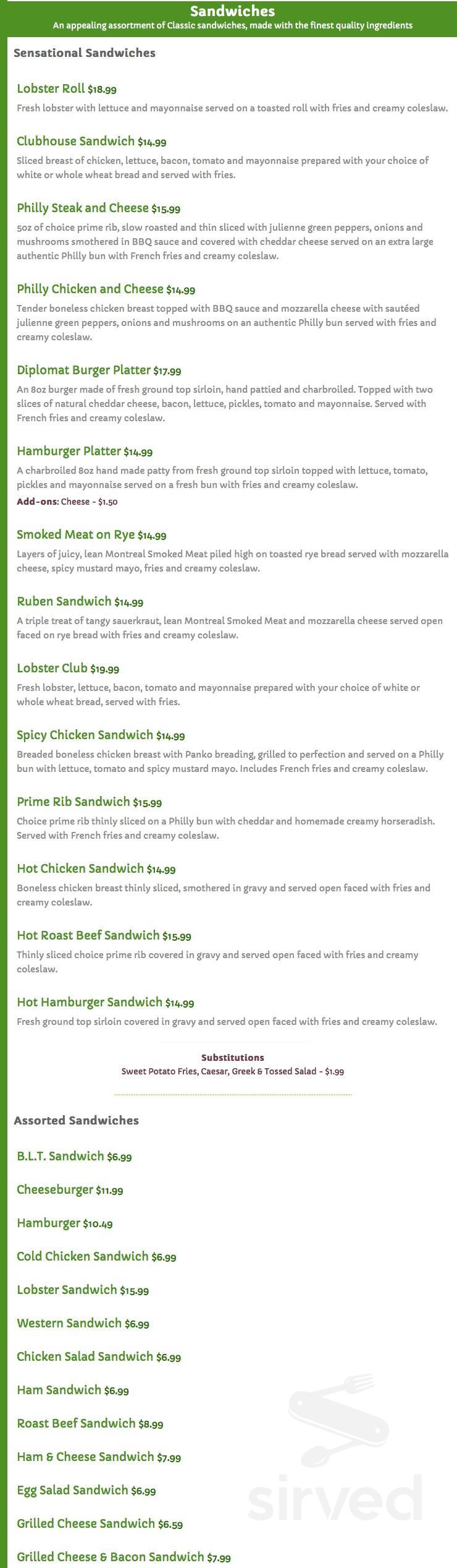 Diplomat Restaurant menu in Fredericton, New Brunswick, Canada