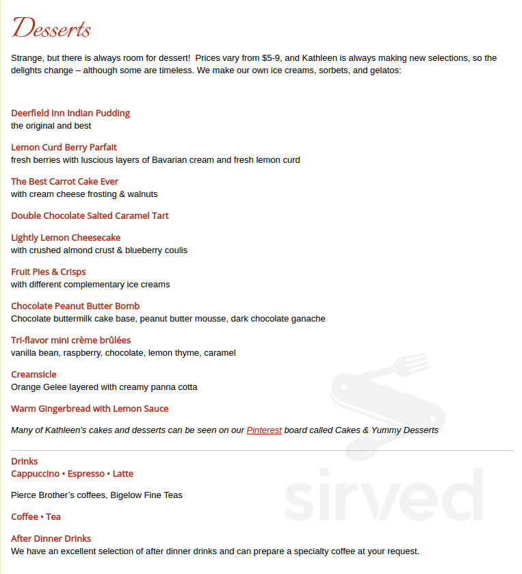 Menu for Deerfield Inn in Deerfield, MA | Sirved