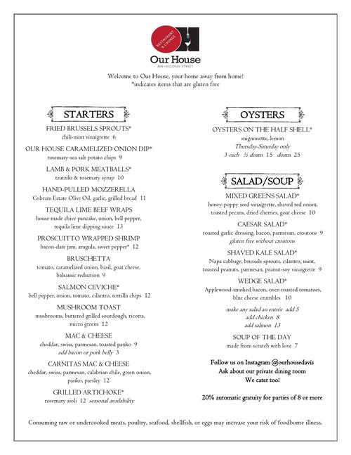Our House menu in Davis, California, USA
