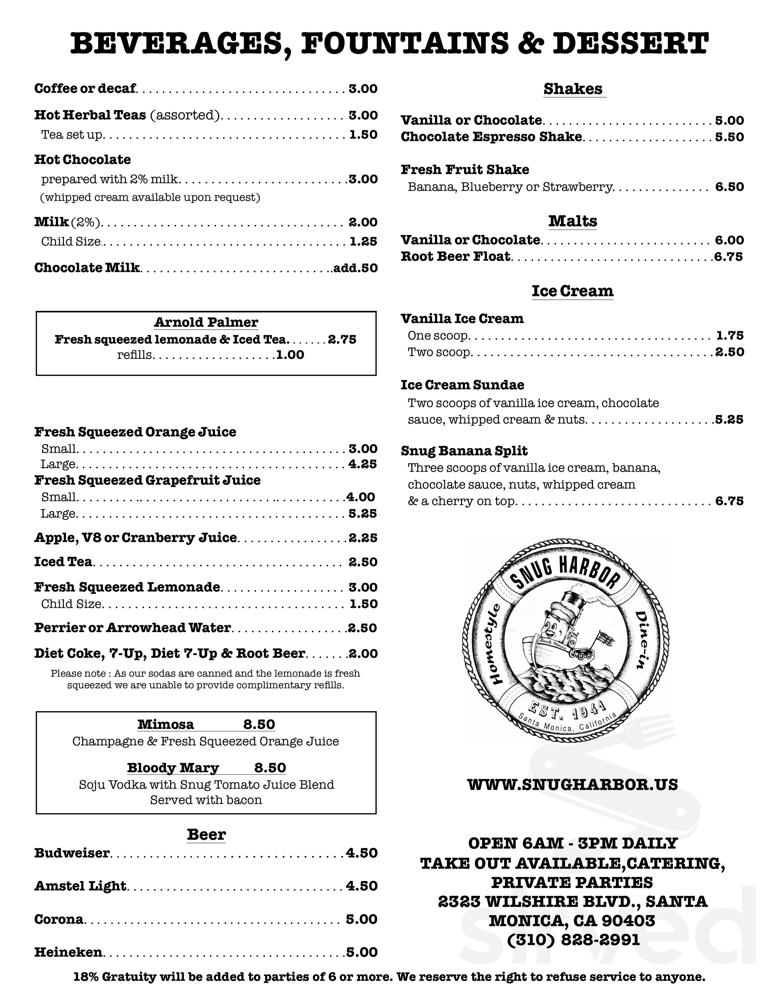 Snug Harbor menus in Santa Monica, California, United States