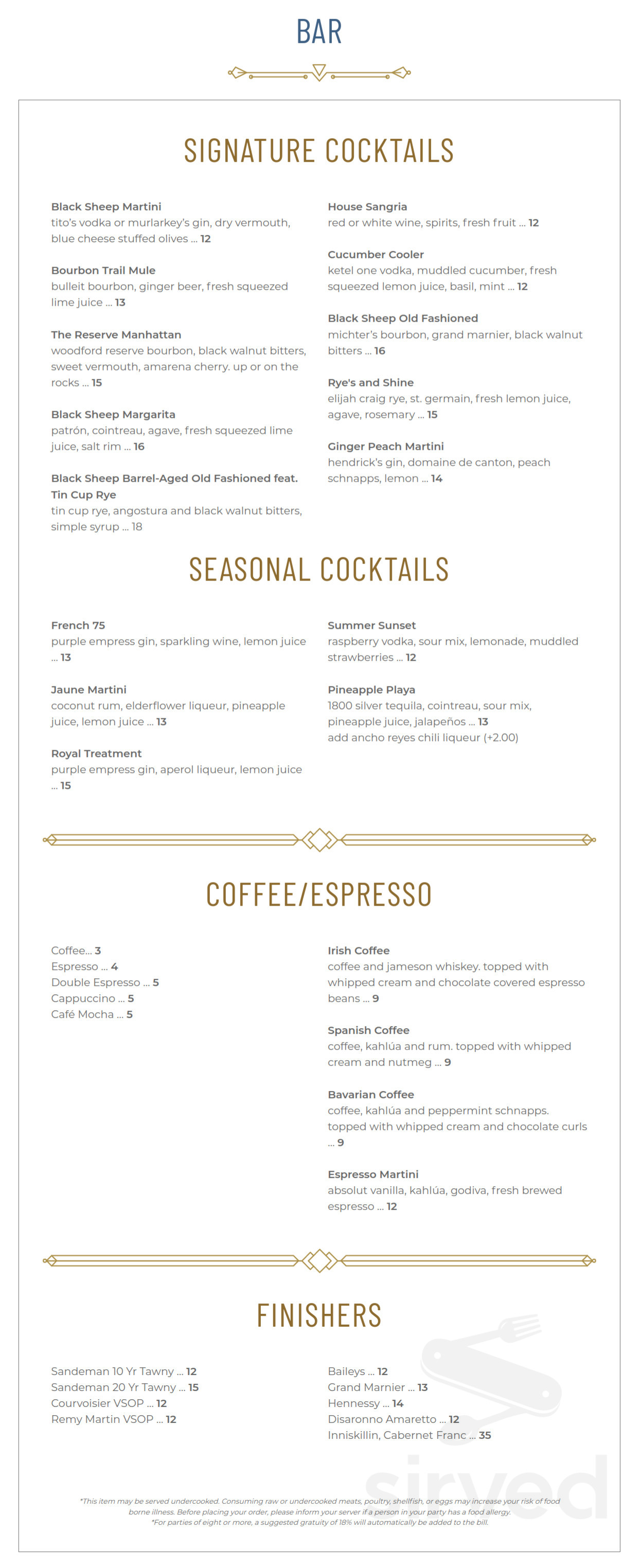 The Black Sheep Restaurant menu in Manassas, Virginia, USA
