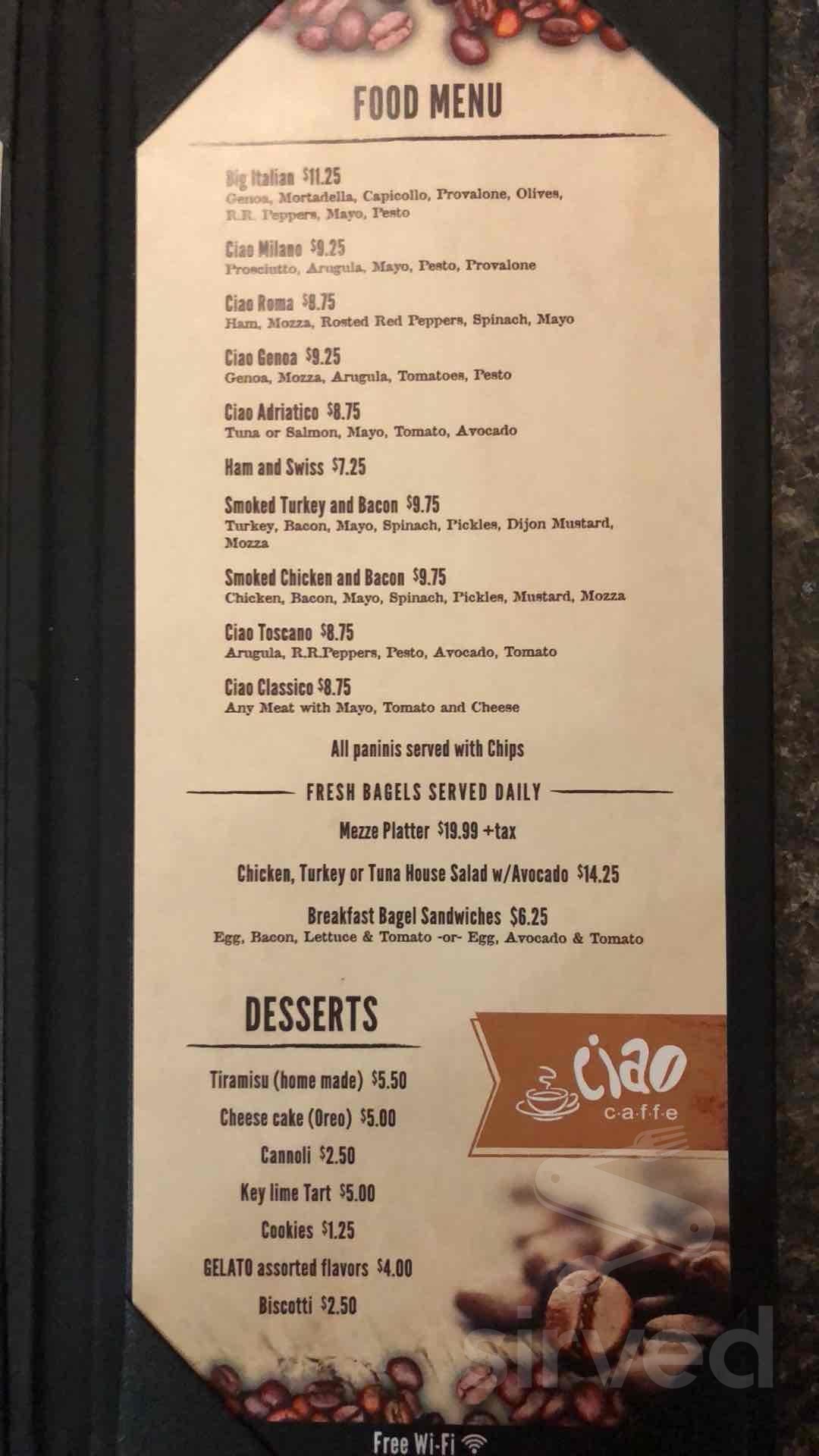Menu - Windsor ON's Ciao Caffe | Sirved