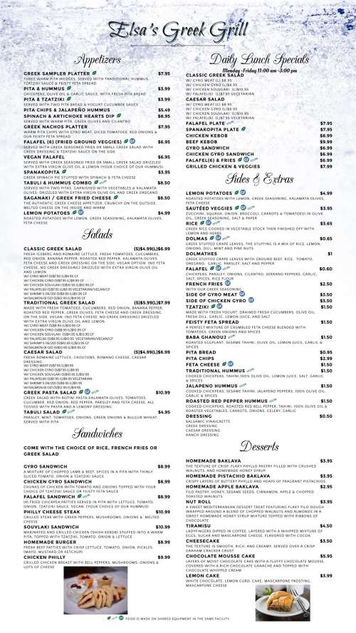 Elsa's Greek Grill menu in Beaumont, Texas, USA