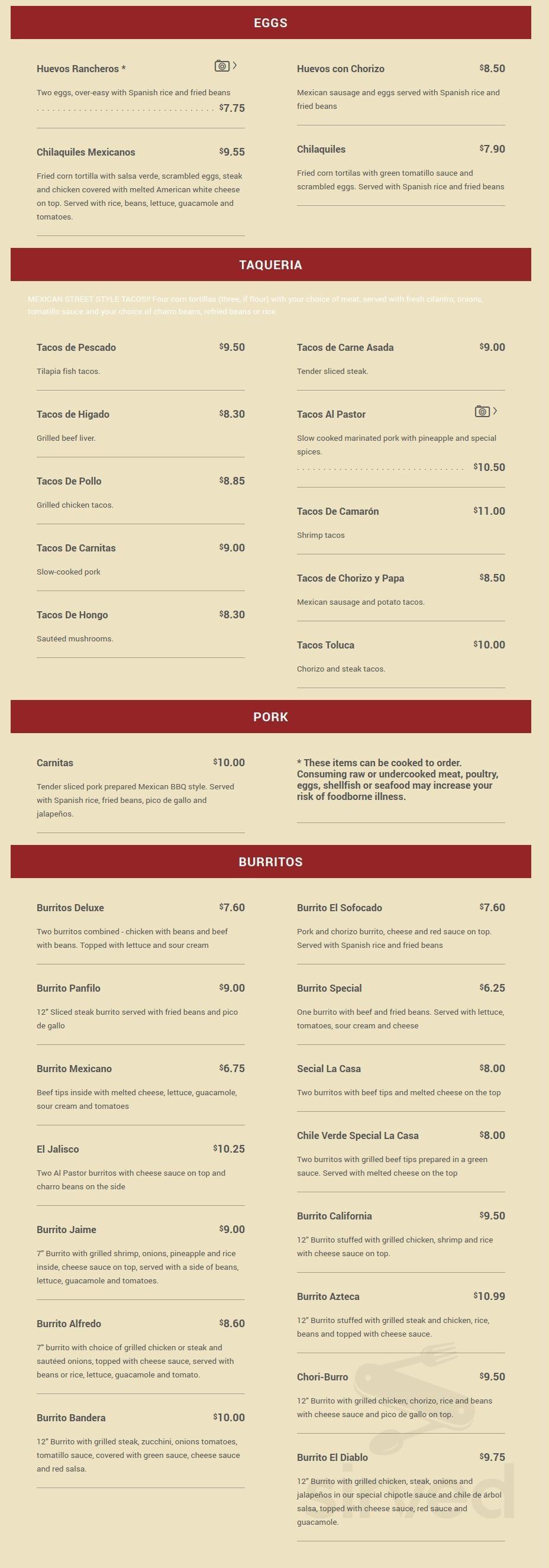 Los Arcoiris Mexican Restaurant menu in Newland, North Carolina, USA