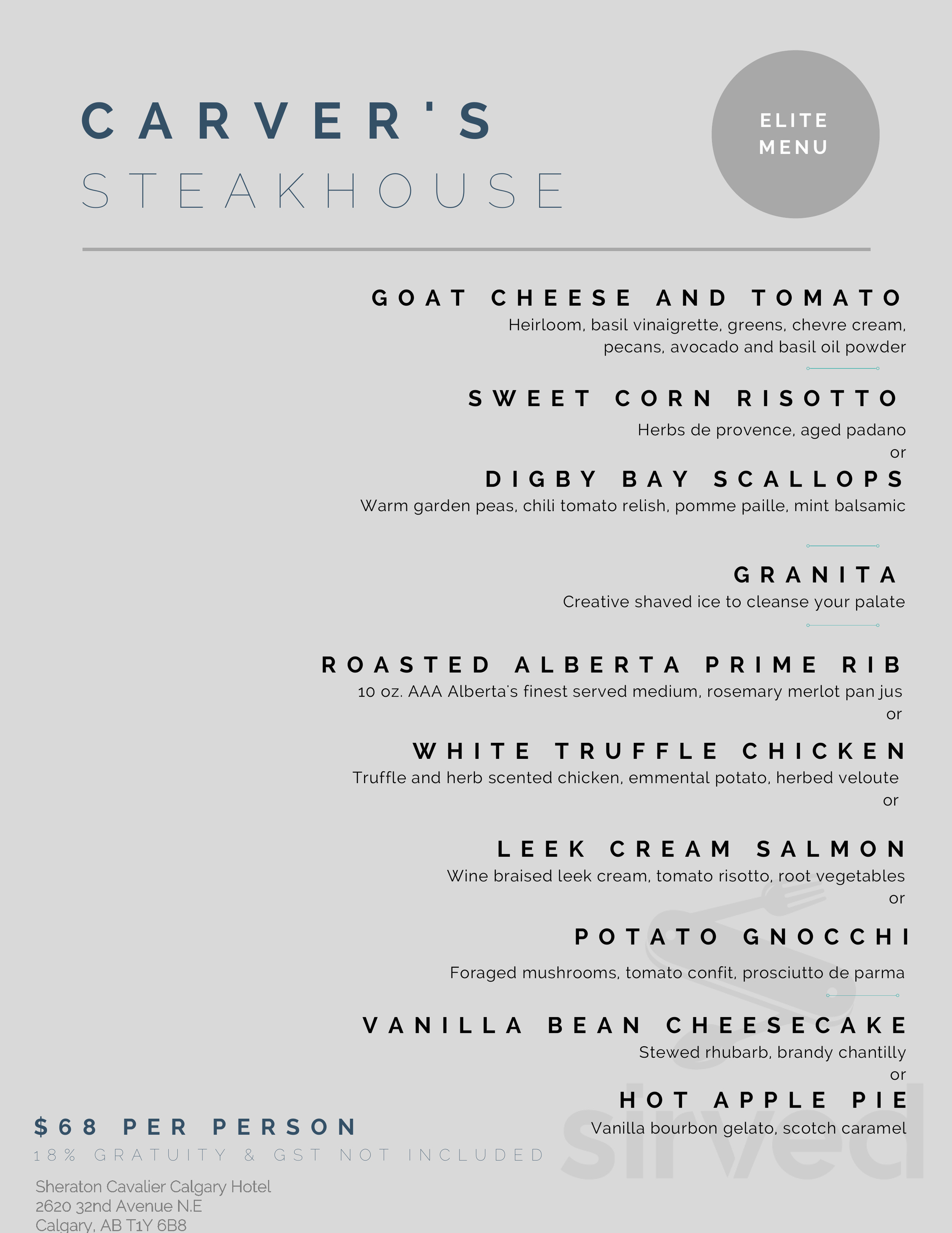 Carver's Steakhouse - Sheraton Cavalier menu in Calgary, Alberta, Canada