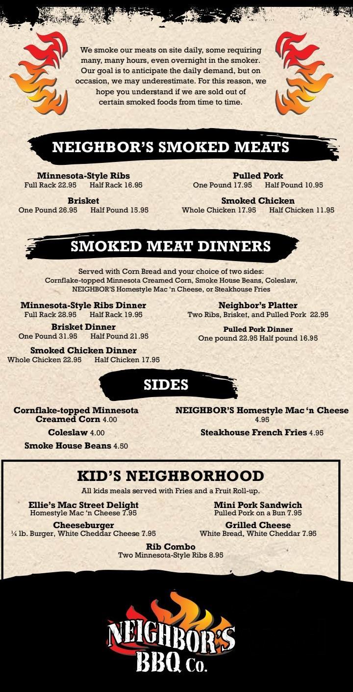 Neighbor's BBQ menu in Tower, Minnesota, USA