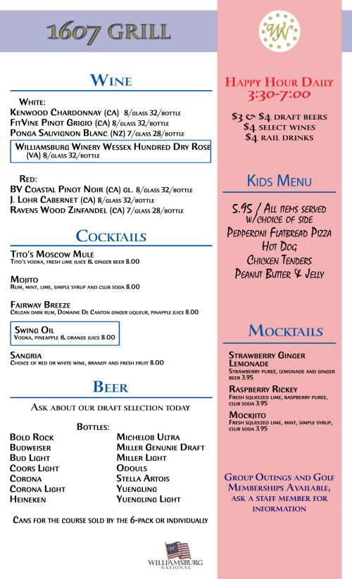 1607 Grill at Williamsburg National menu in Williamsburg, Virginia, USA