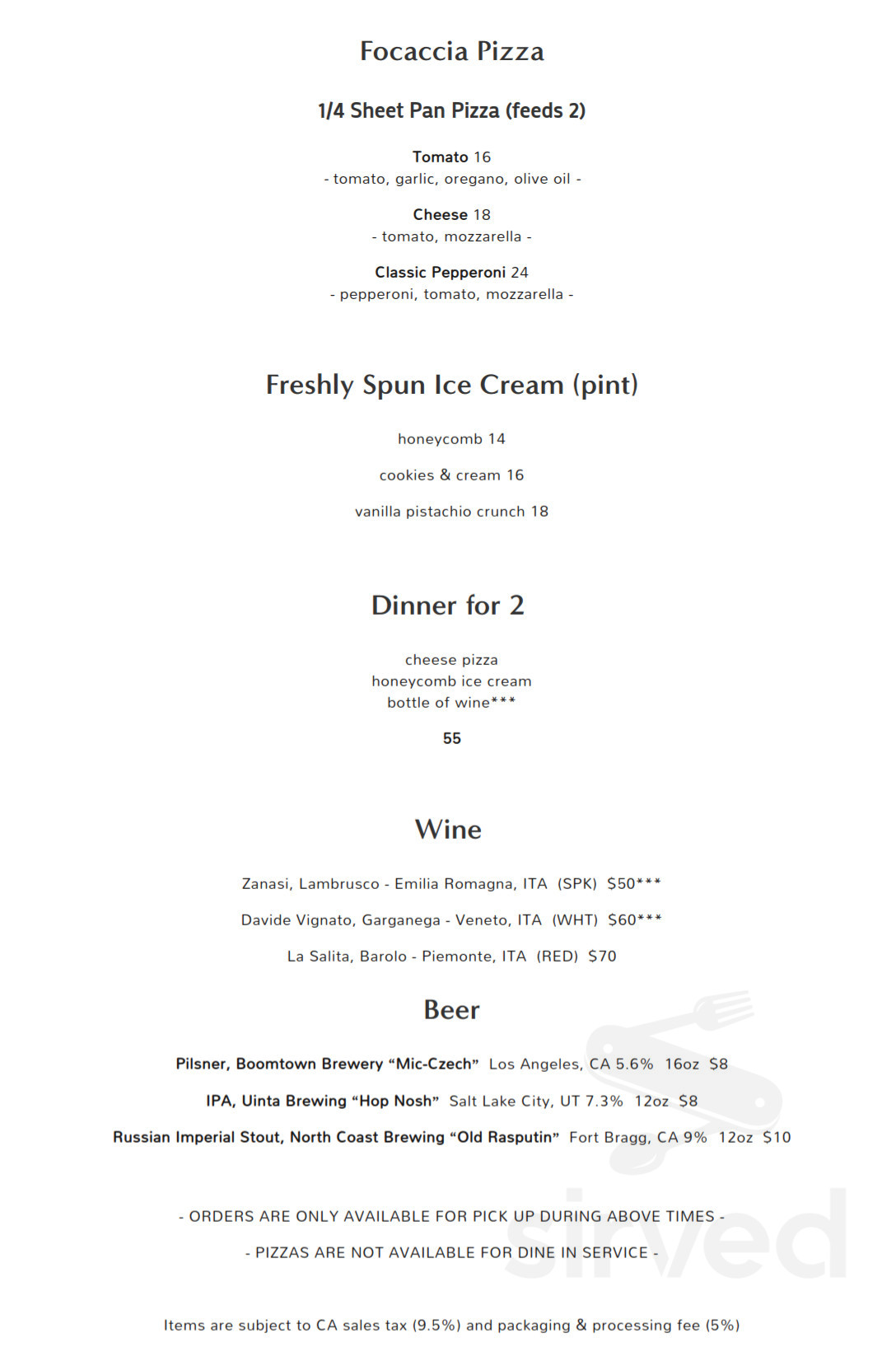 Antico Nuovo menu in Los Angeles, California, USA