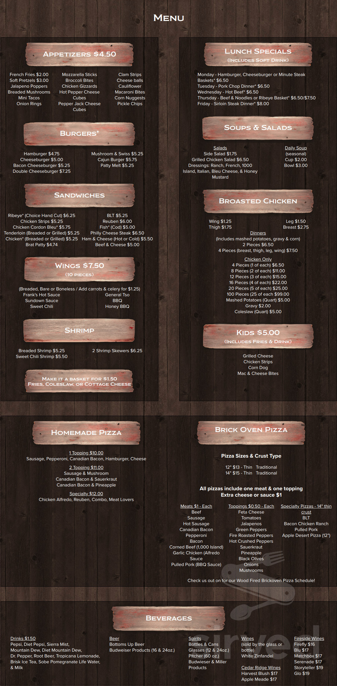 Menu for Sundown Bar & Grill in Williamsburg, IA | Sirved