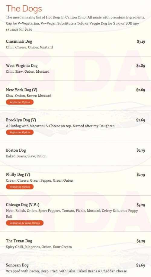 Dog Daze Gourmet Hot Dogs menu in Canton, Ohio, USA