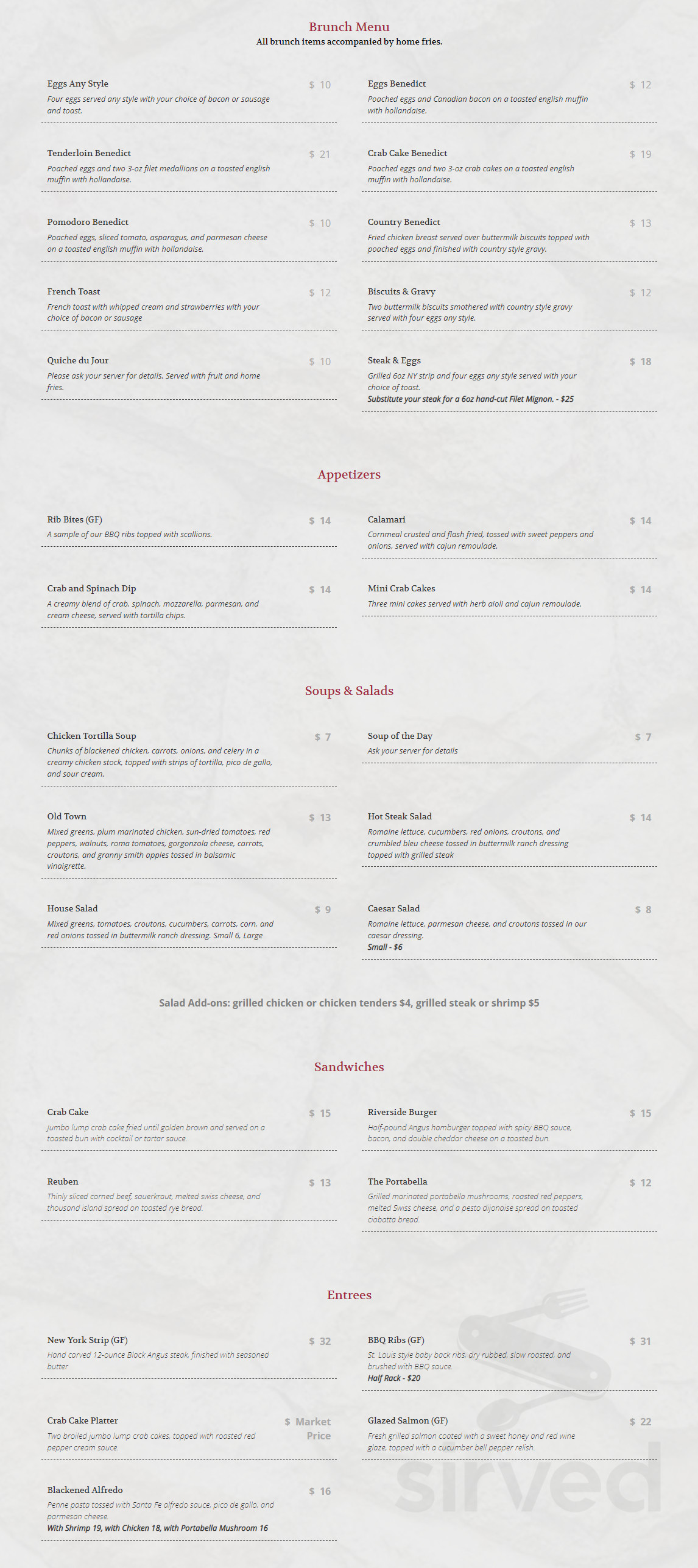 Brock's Riverside Grill Menu - Fredericksburg, Virginia | Sirved