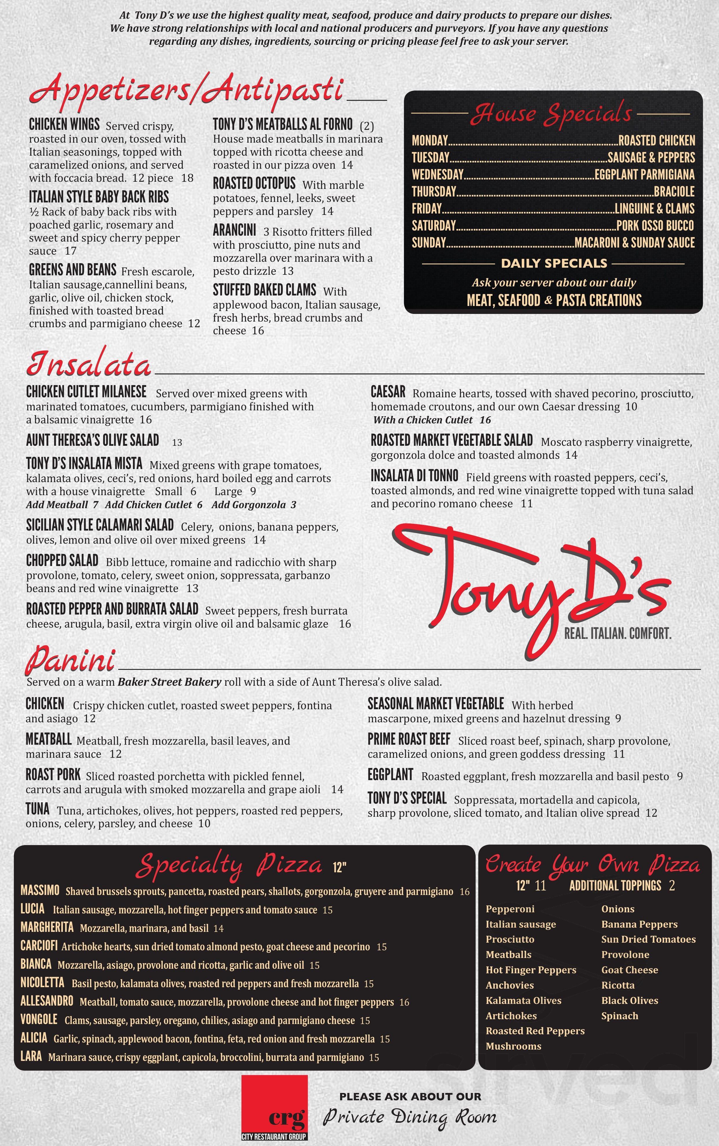 Tony D's menu in Rochester, New York, USA