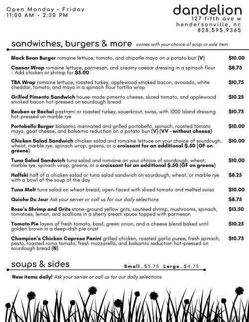 Dandelion menu in Hendersonville, North Carolina, USA