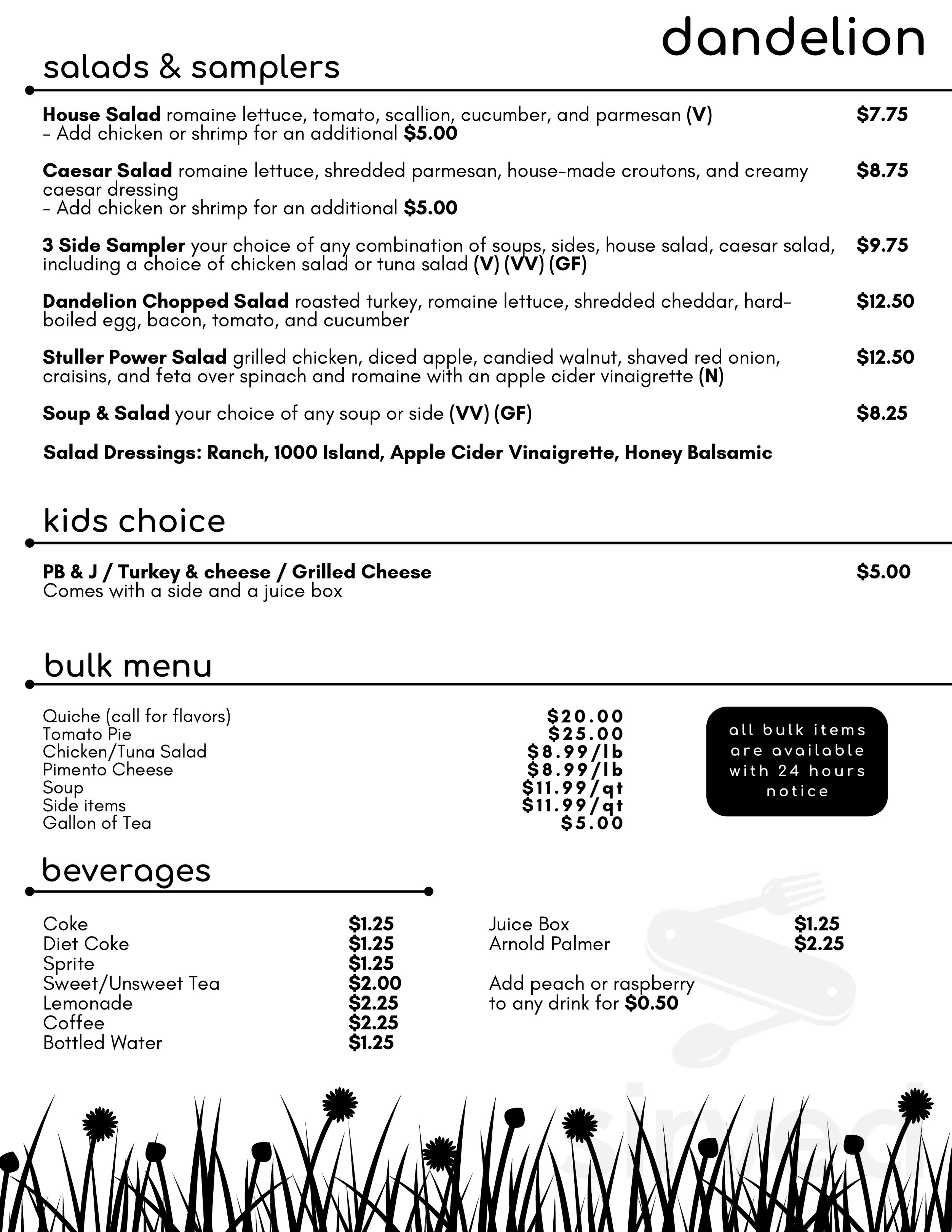Dandelion menu in Hendersonville, North Carolina, USA