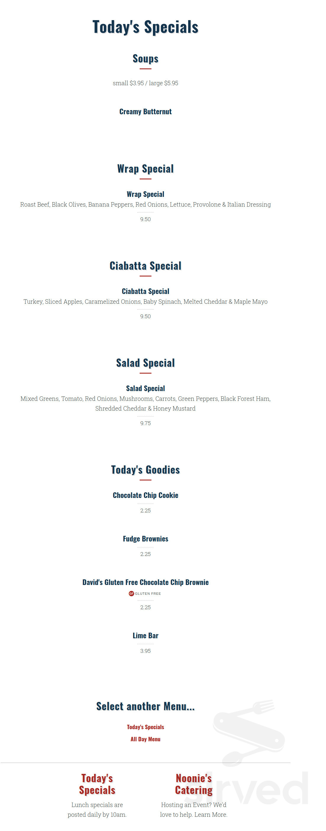 Noonie's Deli menu in Middlebury, Vermont, USA