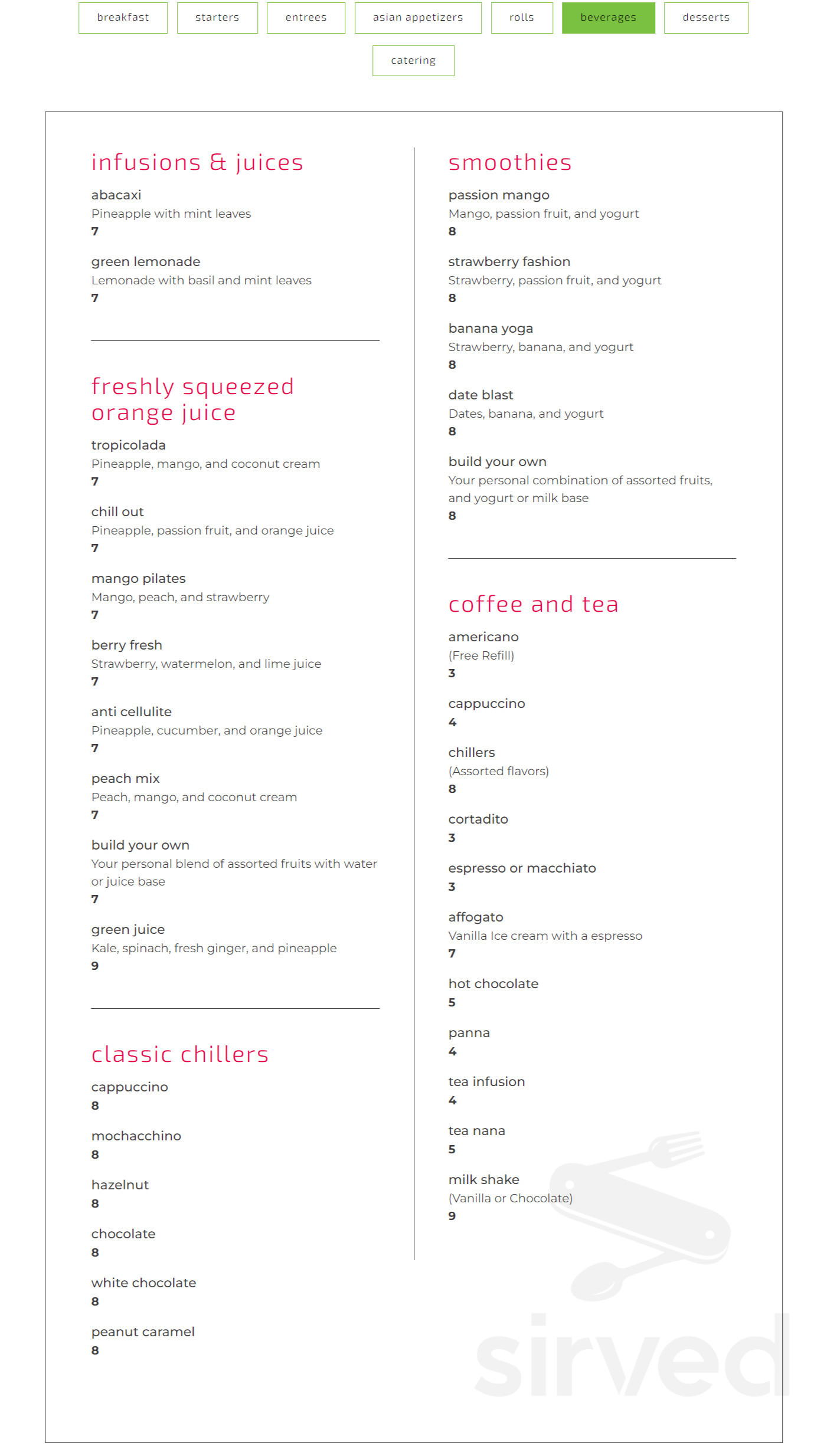 Fresko menu in Aventura, Florida, USA