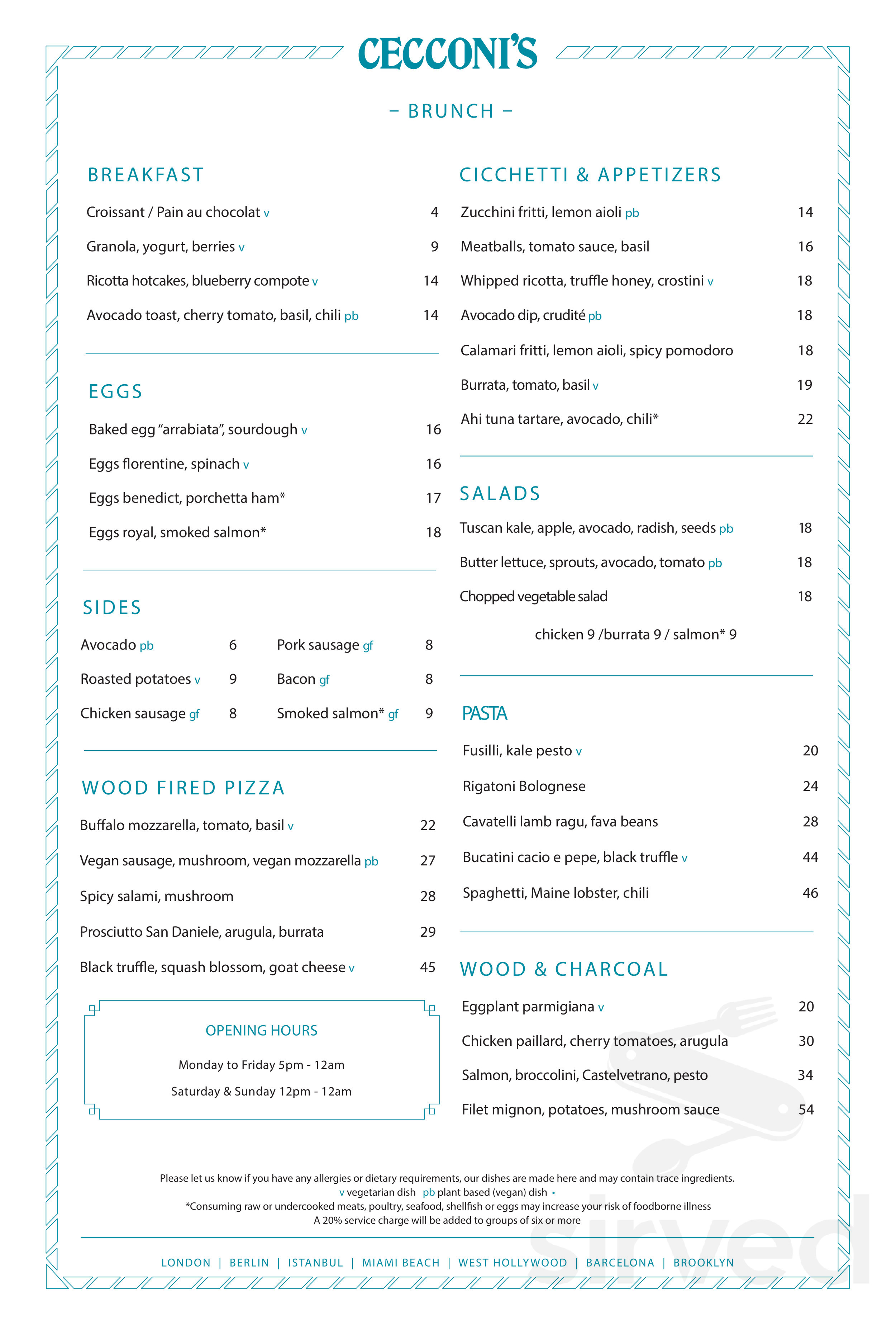 Cecconi's Dumbo menu in Brooklyn, New York, USA