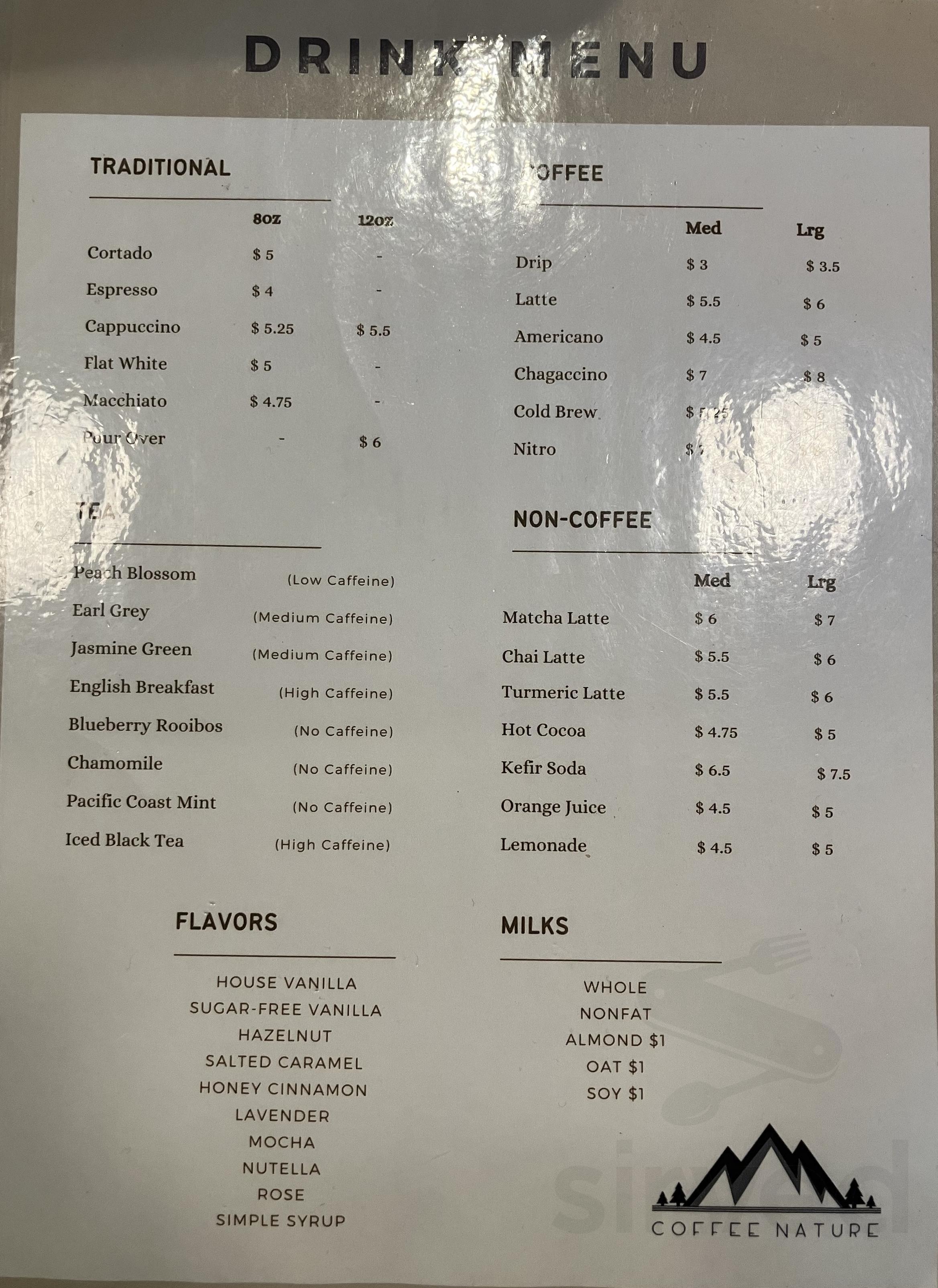 Coffee Nature menu in Costa Mesa, California, USA