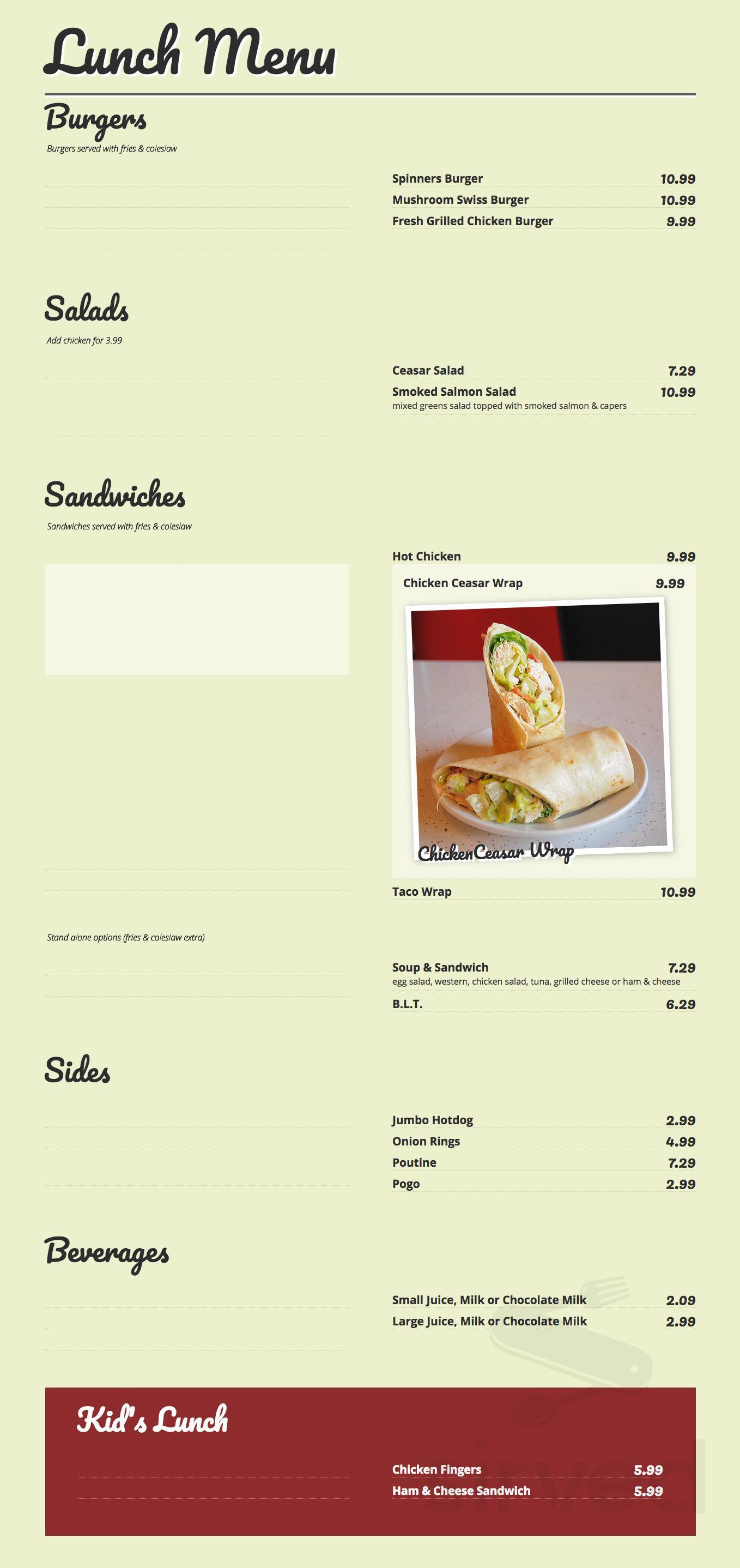 Menu for Spinners Diner in Cornwall, ON | Sirved